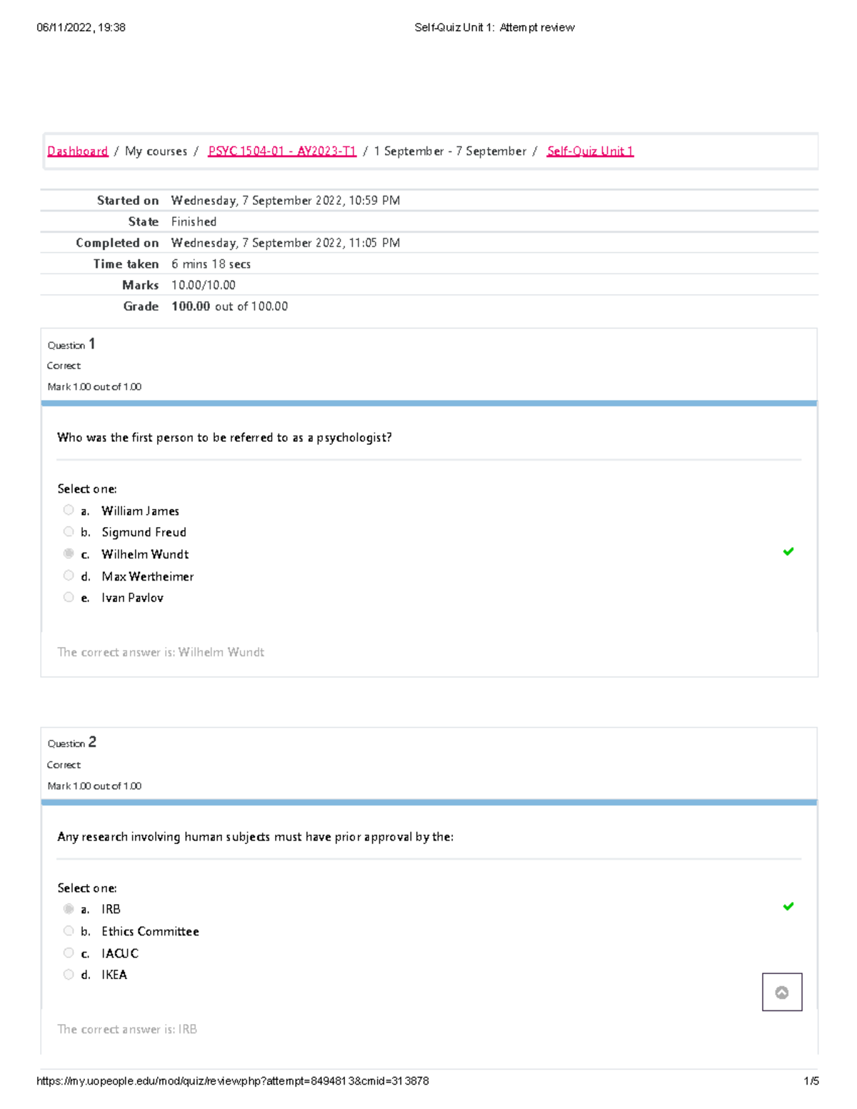PSYC 1504-01 - Self-Quiz Unit 1 Results and Review - Studocu