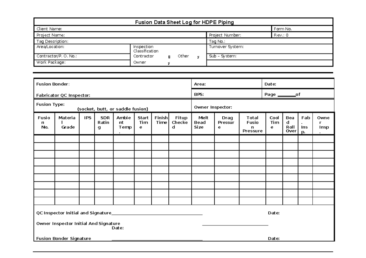 HDPE Piping Fusion Data Sheet Log for Inspection and Quality Control ...