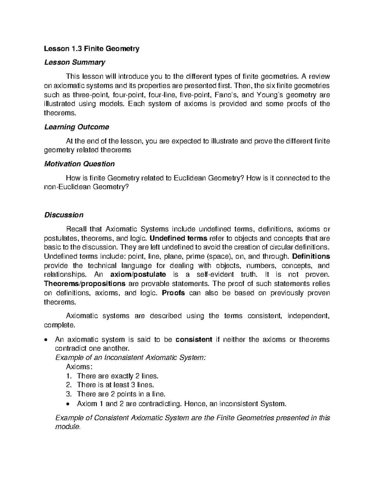 Lesson on Finite Geometry: Axiomatic Systems & Theorems Explained - Studocu