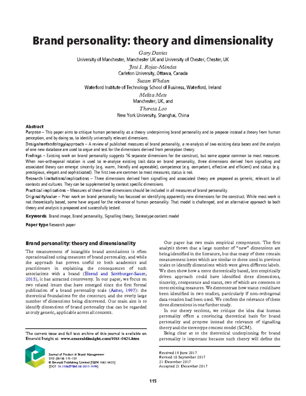 Brand personality (theory and dimensionality) - Rojas-Méndez Carleton ...