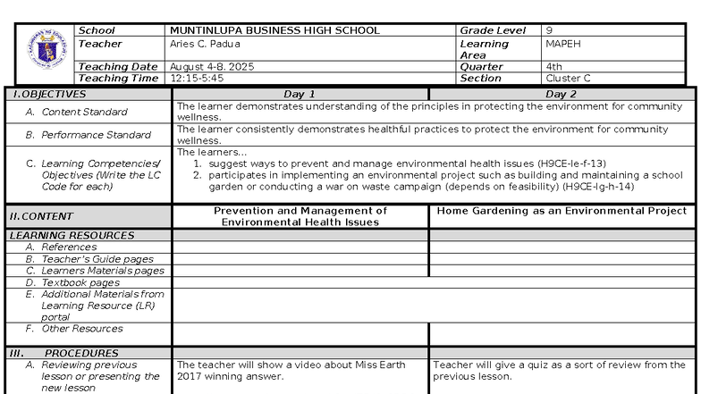 DLP-MAPEH Q1 W7: Environmental Health Lesson Plan - Studocu
