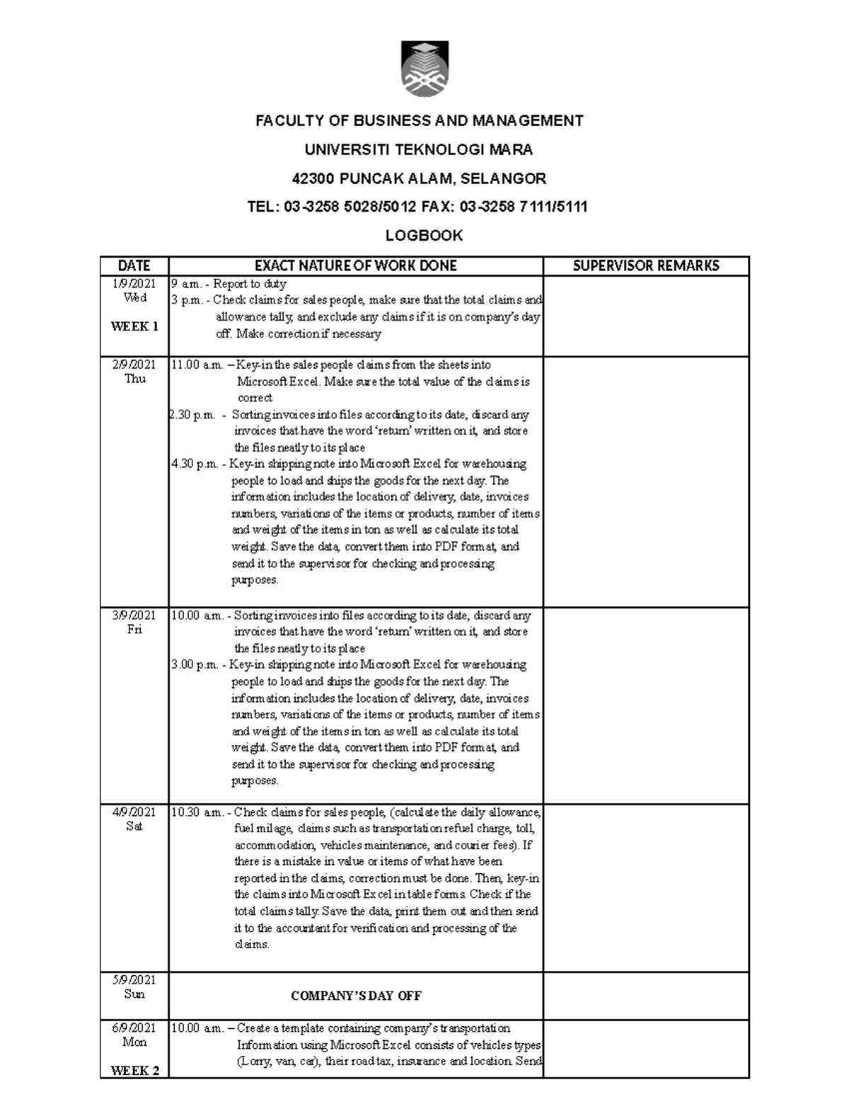 UiTM Internship Logbook - FACULTY OF BUSINESS AND MANAGEMENT UNIVERSITI ...