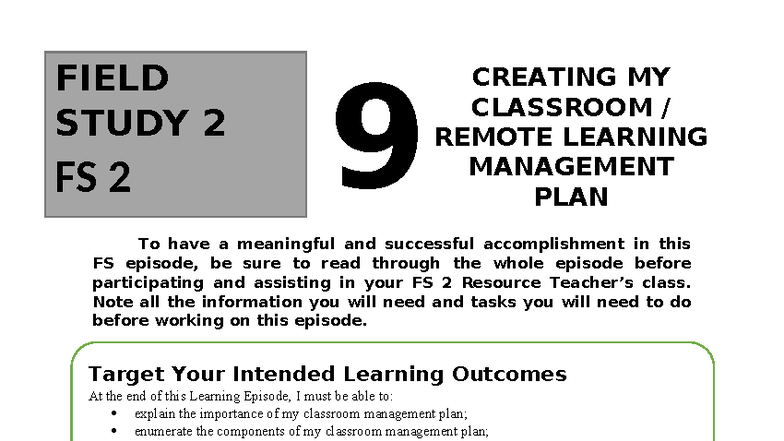 FS 2 Learning Episode 9: Creating a Remote Classroom Management Plan ...