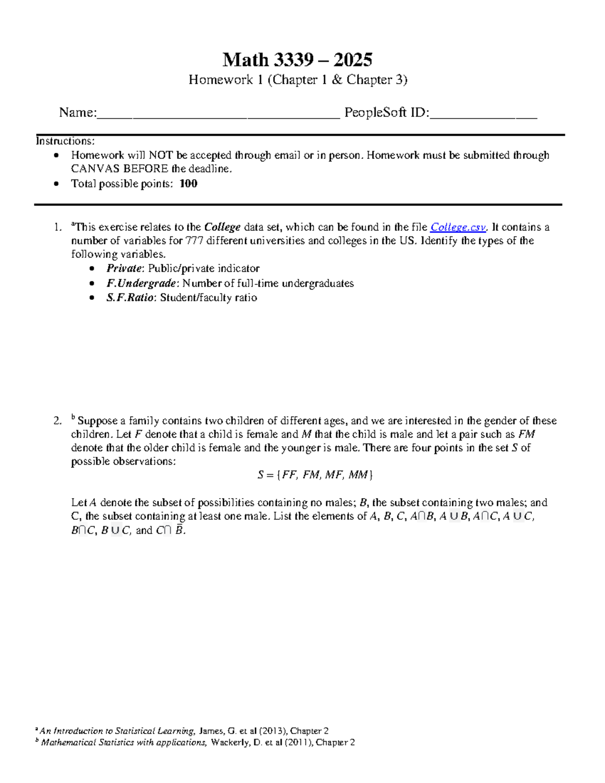 Math 2025 Homework 1: Statistical Learning & Probability Concepts - Studocu