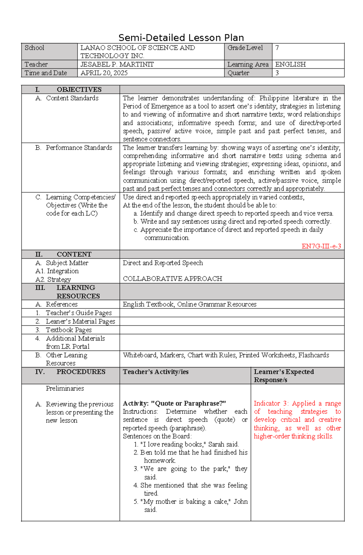 SEMI-Detailed Lesson Plan: Direct & Reported Speech for English Class ...