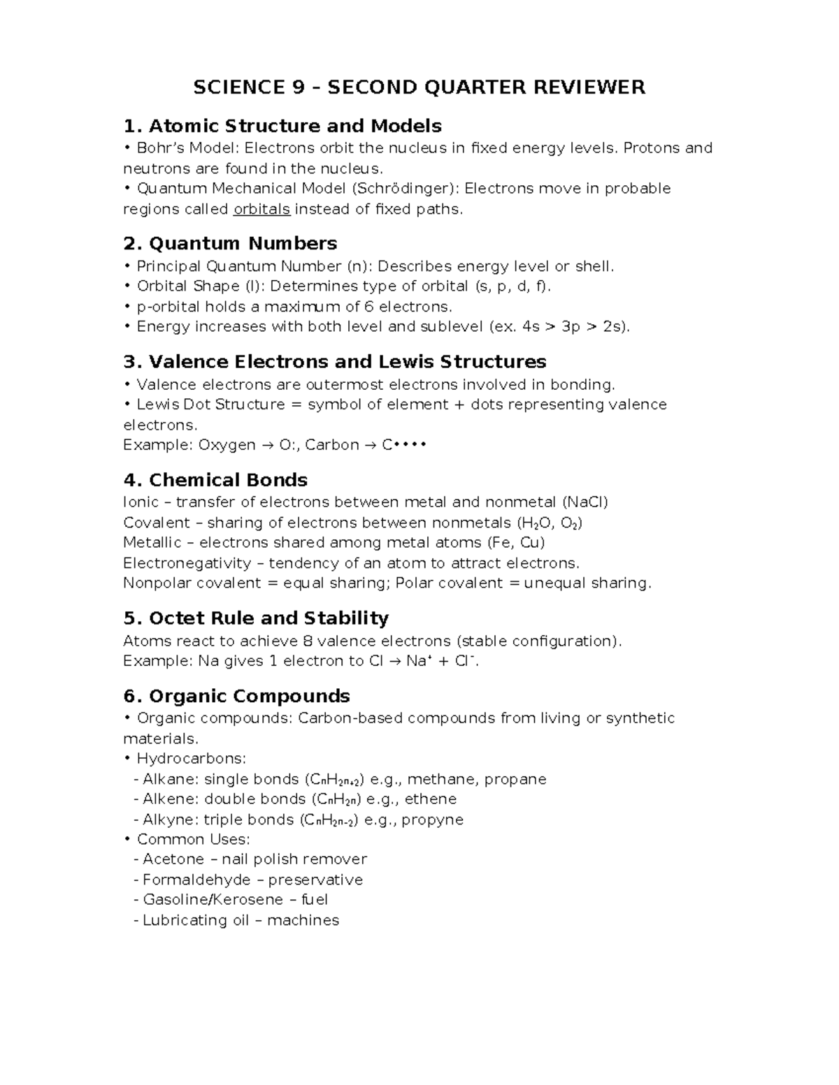 SCIENCE 9 Q2 REVIEWER: Atomic Structure & Chemical Bonds - Studocu