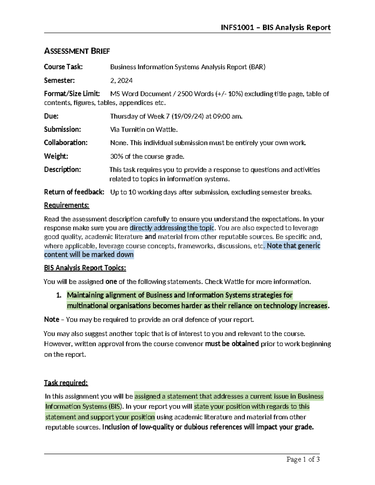 INFS1001 2024 S2 BAR - !!! - INFS1001 – BIS Analysis Report ASSESSMENT ...