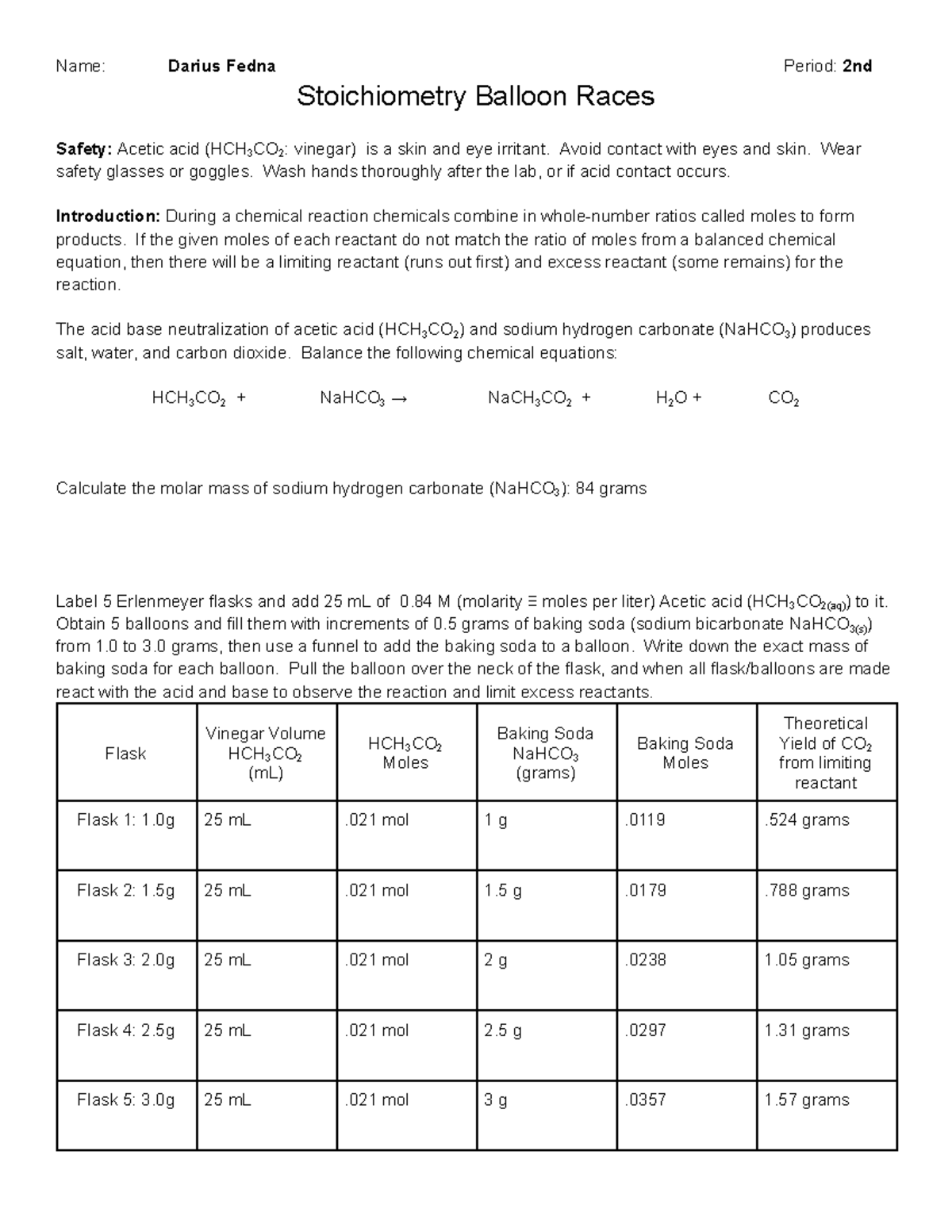 Stoichiometry Balloon Races Lab Report: Period 2 Analysis - Studocu