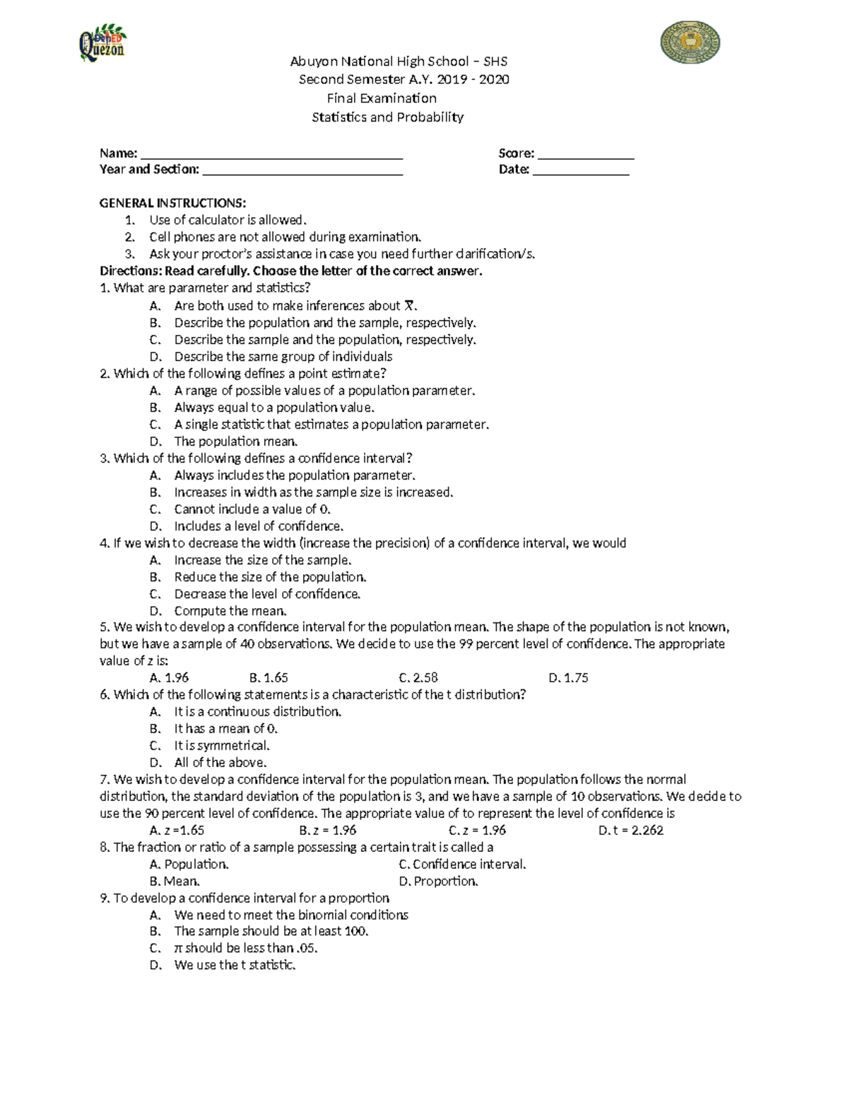 Statistics Test - Second Semester A. 2019 - 2020 Final Examination ...