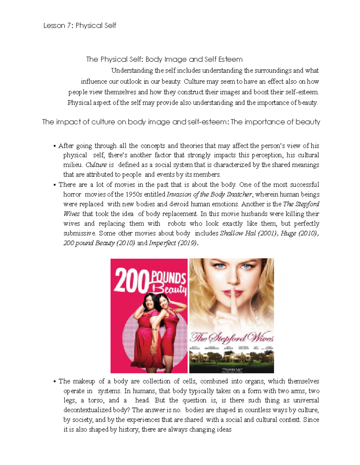 Lesson 7: The Influence of Culture on Physical Self and Beauty - Studocu