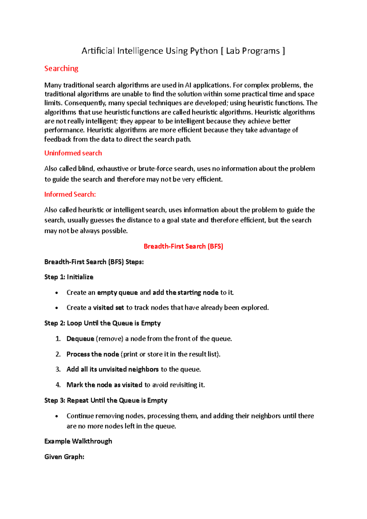 Artificial Intelligence LAB (CS101): Heuristic Search Algorithms in Python - Studocu