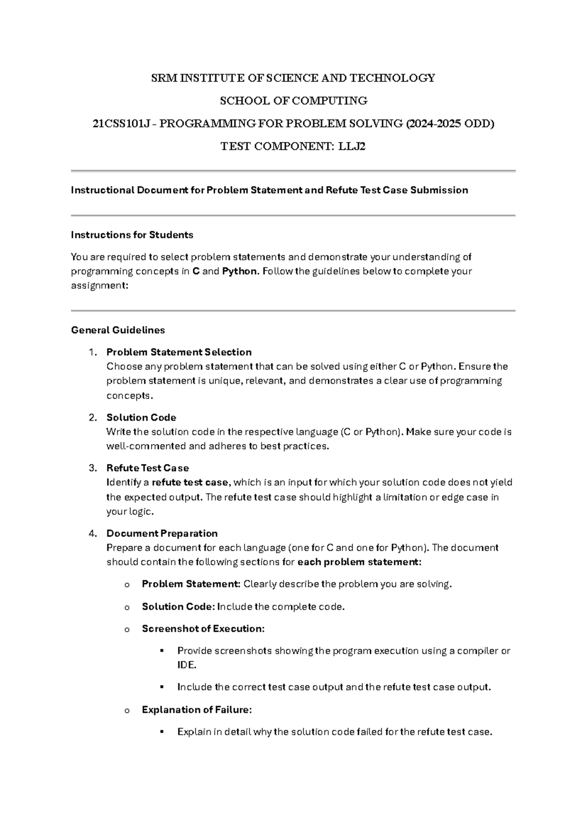 21CSS101J - Programming for Problem Solving Refute Test Instructions ...