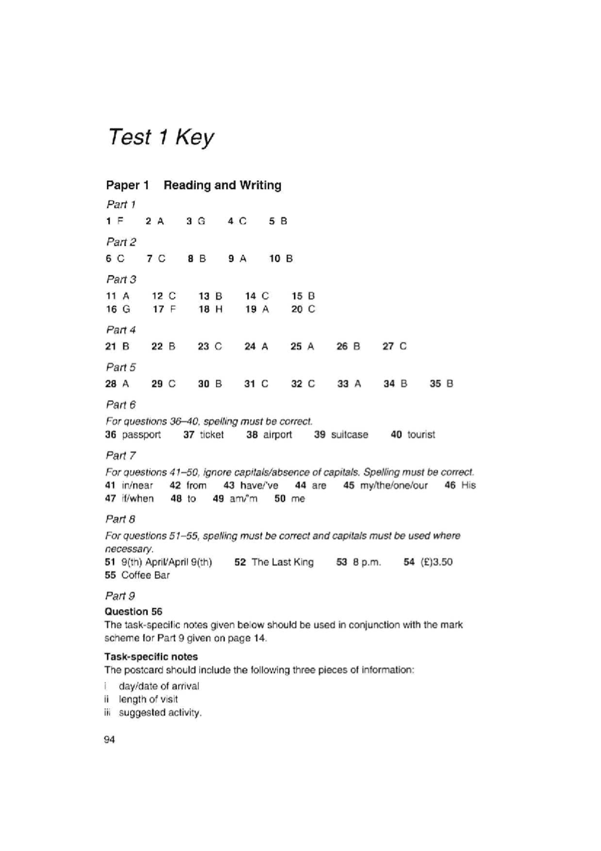KET - CUP 1 Test 1 Key: Reading and Writing Answers - Studocu