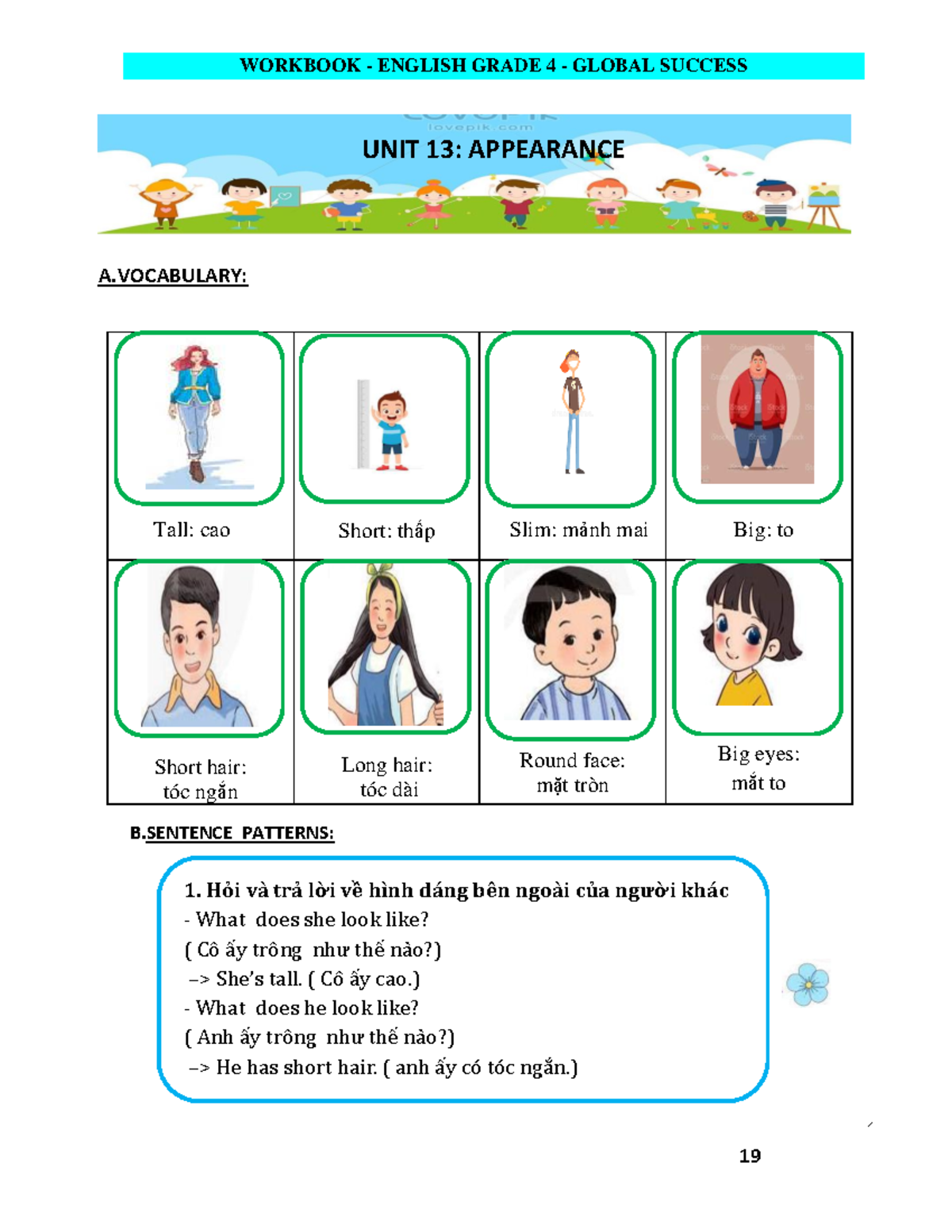 WORKBOOK ENGLISH GRADE 4 GLOBAL SUCCESS UNIT 13: APPEARANCE EXERCISES ...
