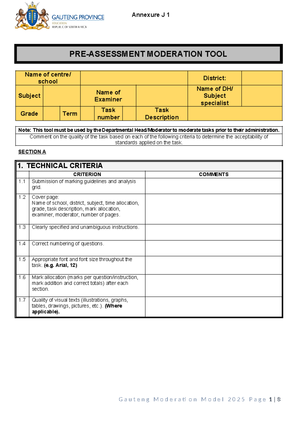Gauteng Moderation Model 2025: Annexures J1 & J2 Tools - Studocu