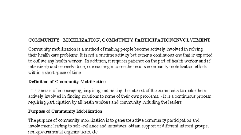 COMMUNITY HEALTH MOBILIZATION: STRATEGIES AND IMPACT ANALYSIS - Studocu