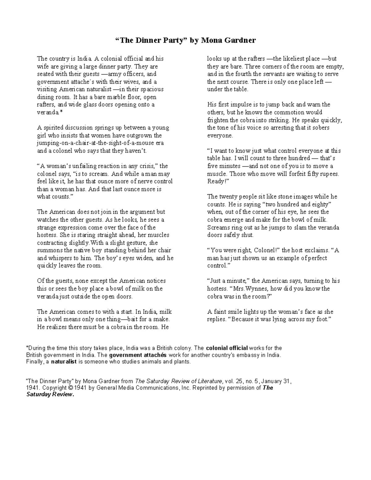 Dinner Party Analysis: "Dinner" by Mona Gardner (ENG 101) - Studocu