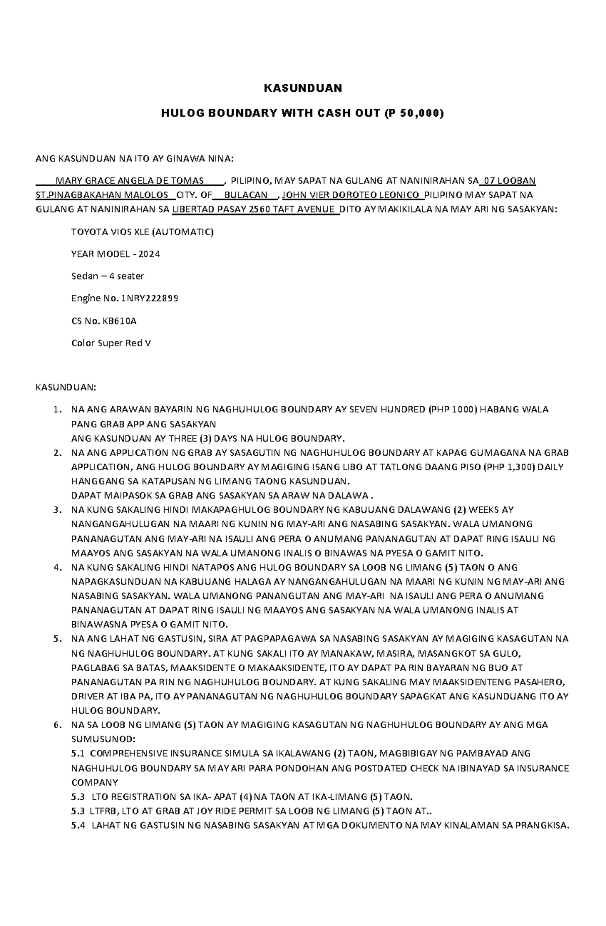Kasunduan sa Hulugang Boundary ng Sasakyan (P 50,000) - Studocu