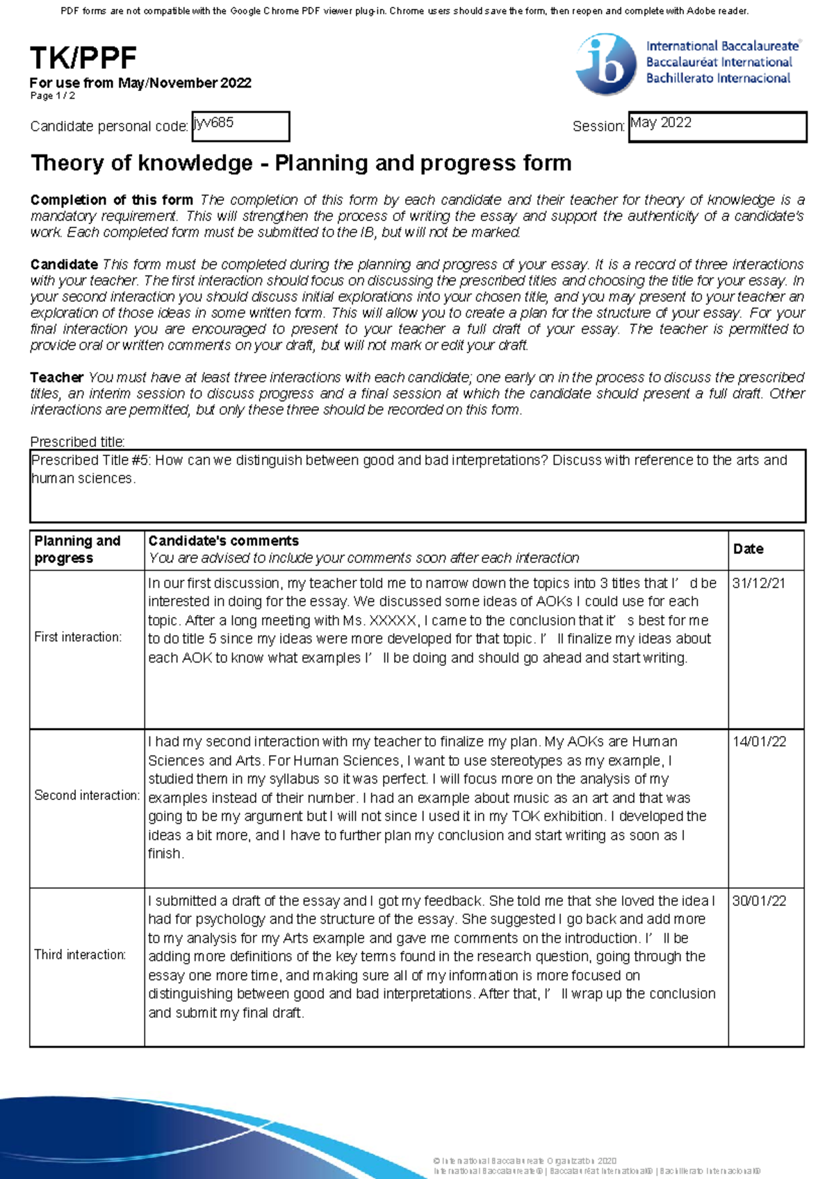 TK/PPF jyv685 - TOK Planning and Progress Form Sample 2 - Studocu