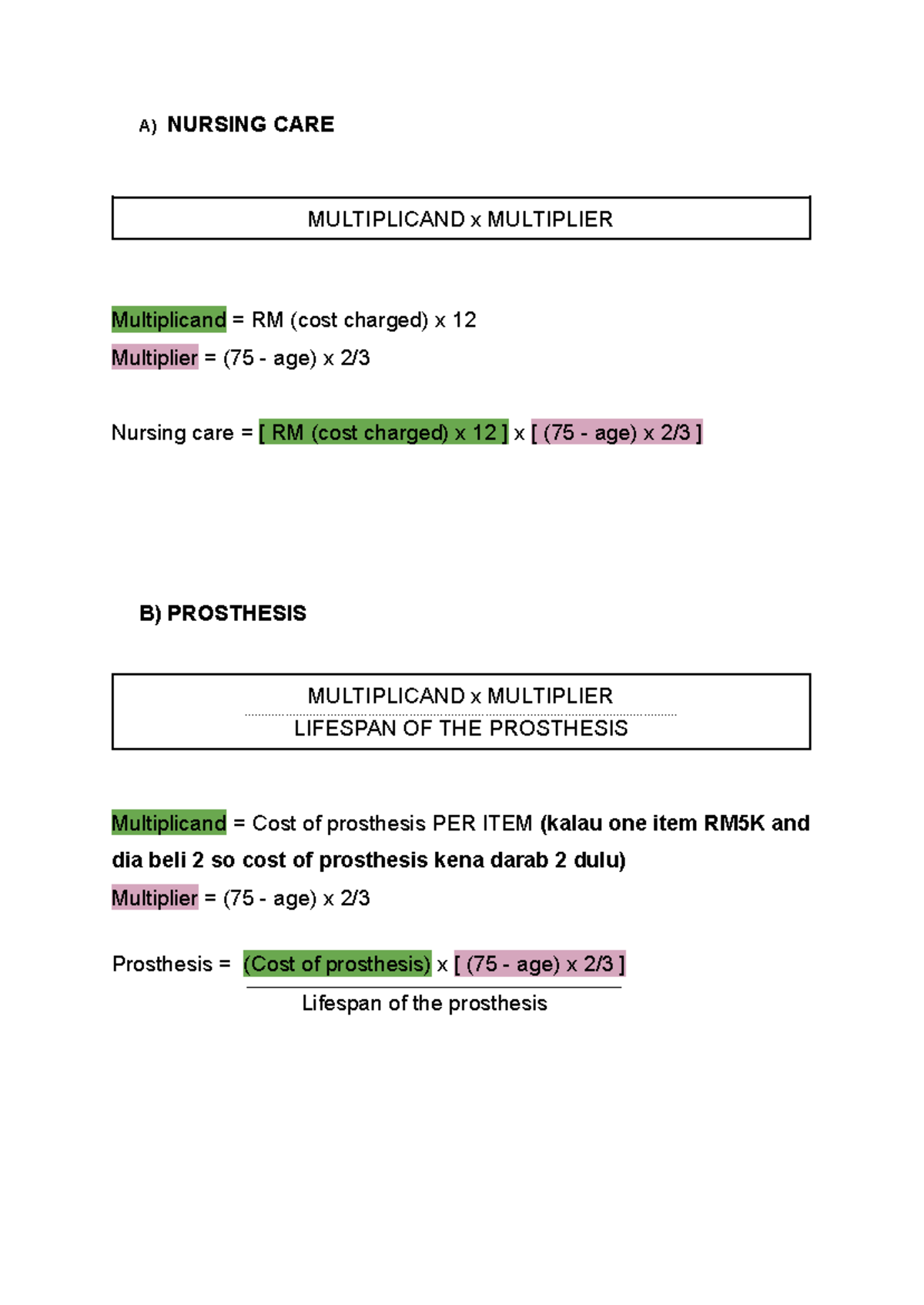 NURS 101: Nursing Care Cost Calculation & Prosthesis Lifespan Formula ...