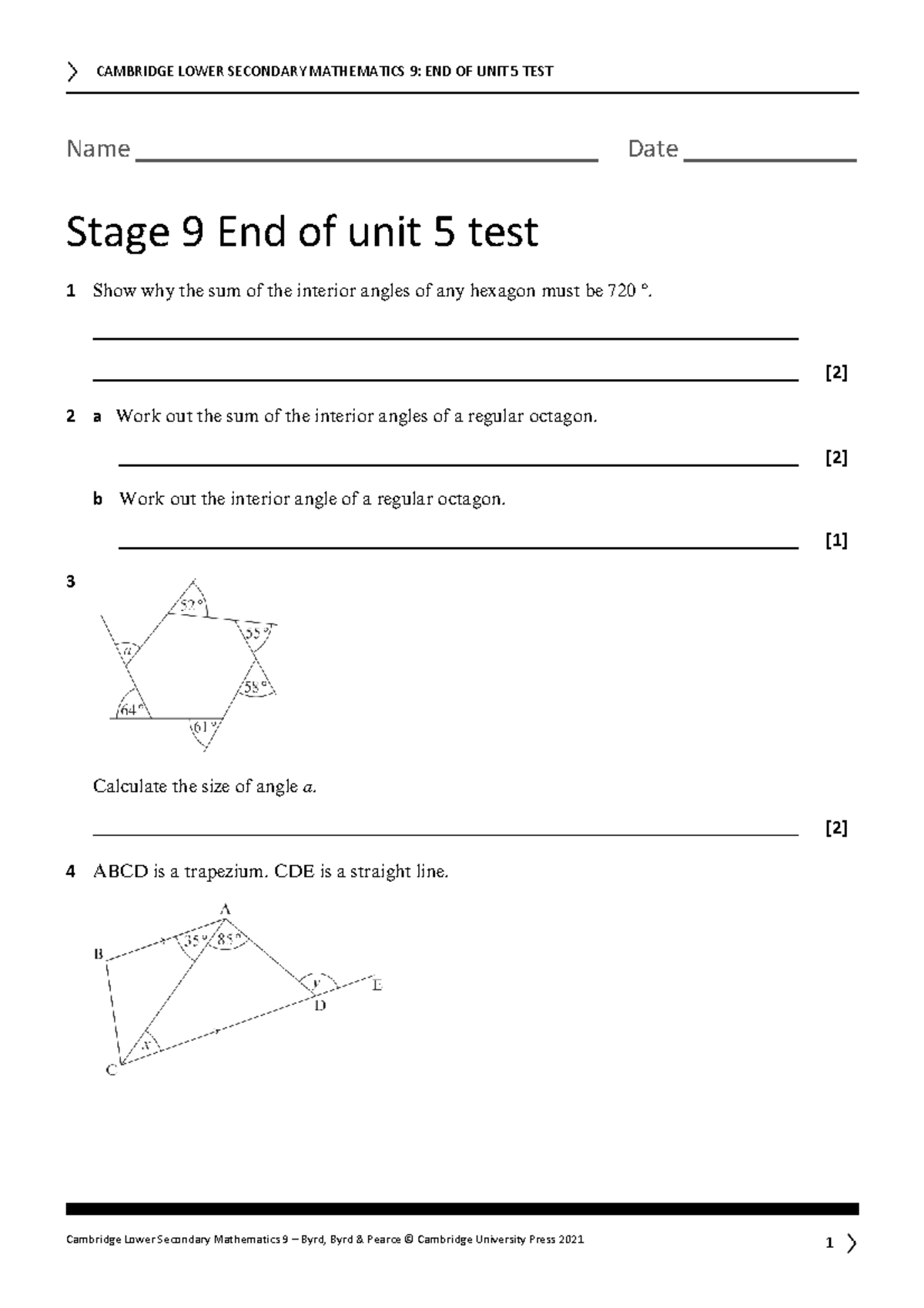 CAMBRIDGE LOWER SECONDARY MATH 9: UNIT 5 END OF TEST - Studocu