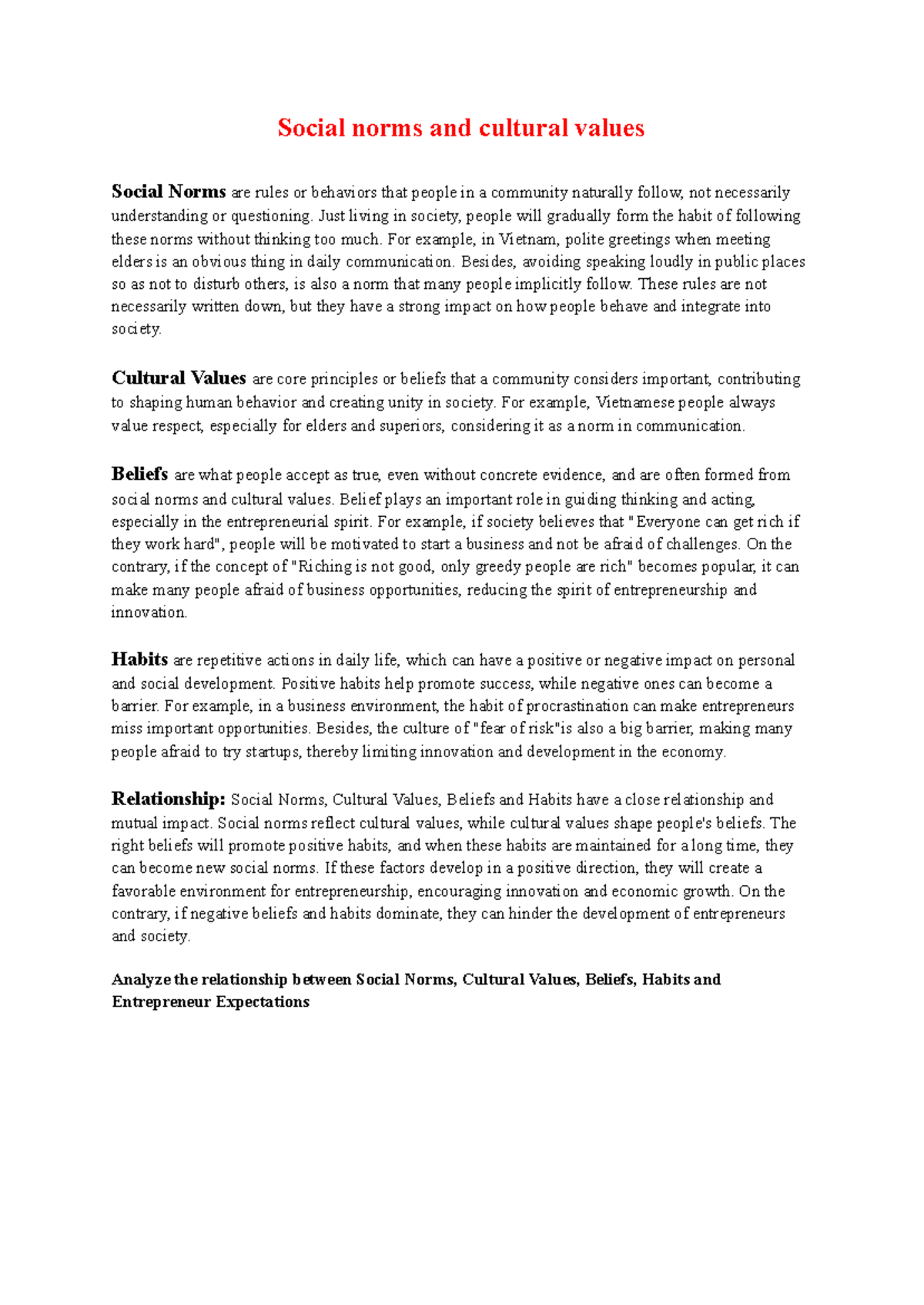 Social Norms and Cultural Values: Impact on Entrepreneurship - Studocu