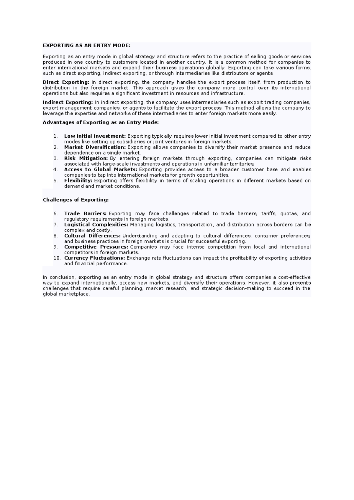 Exporting as an Entry Mode - EXPORTING AS AN ENTRY MODE: Exporting as an entry mode in global ...