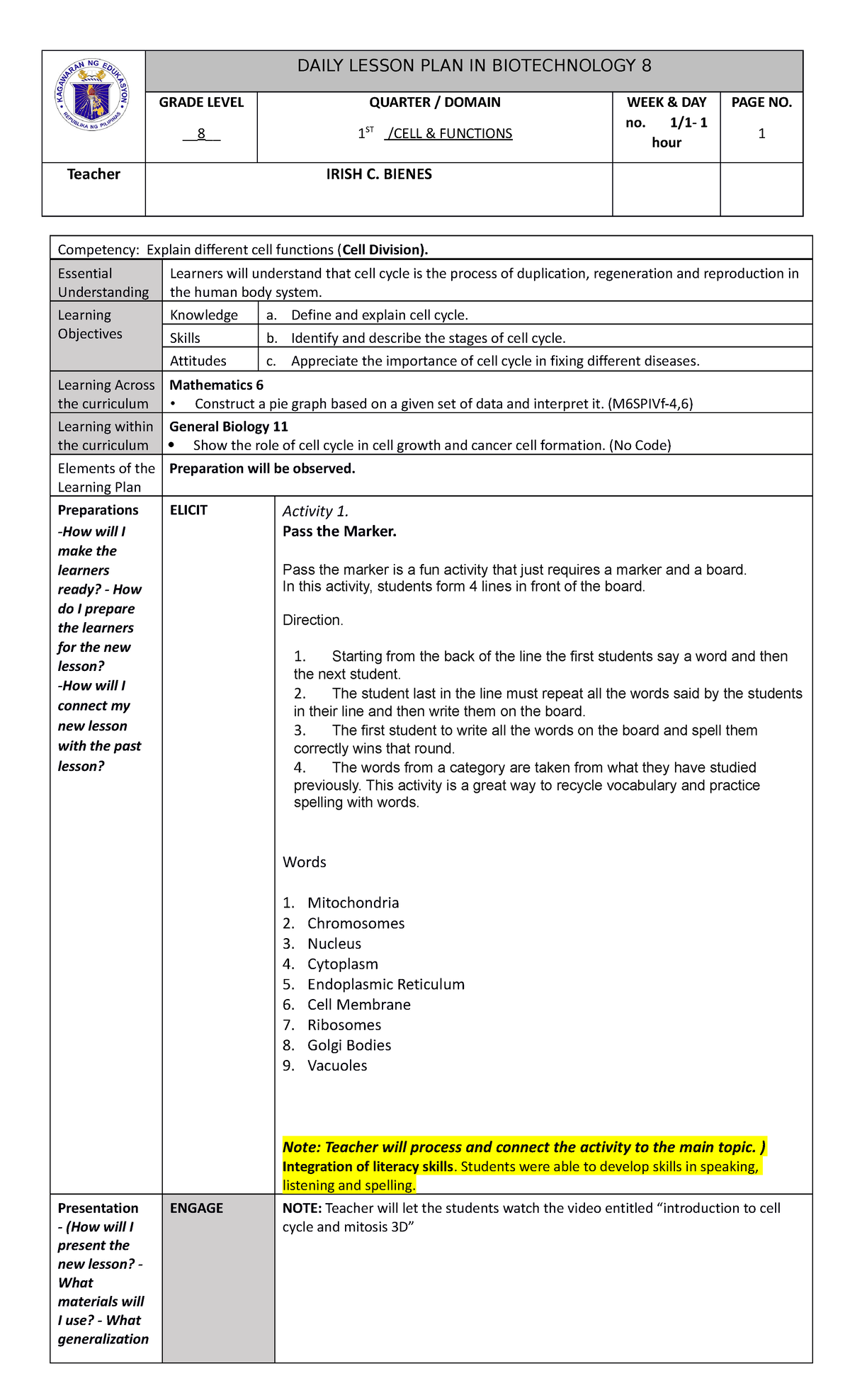 COT 1 Lesson Plan - Understanding the Cell Cycle in Grade 8 - Studocu