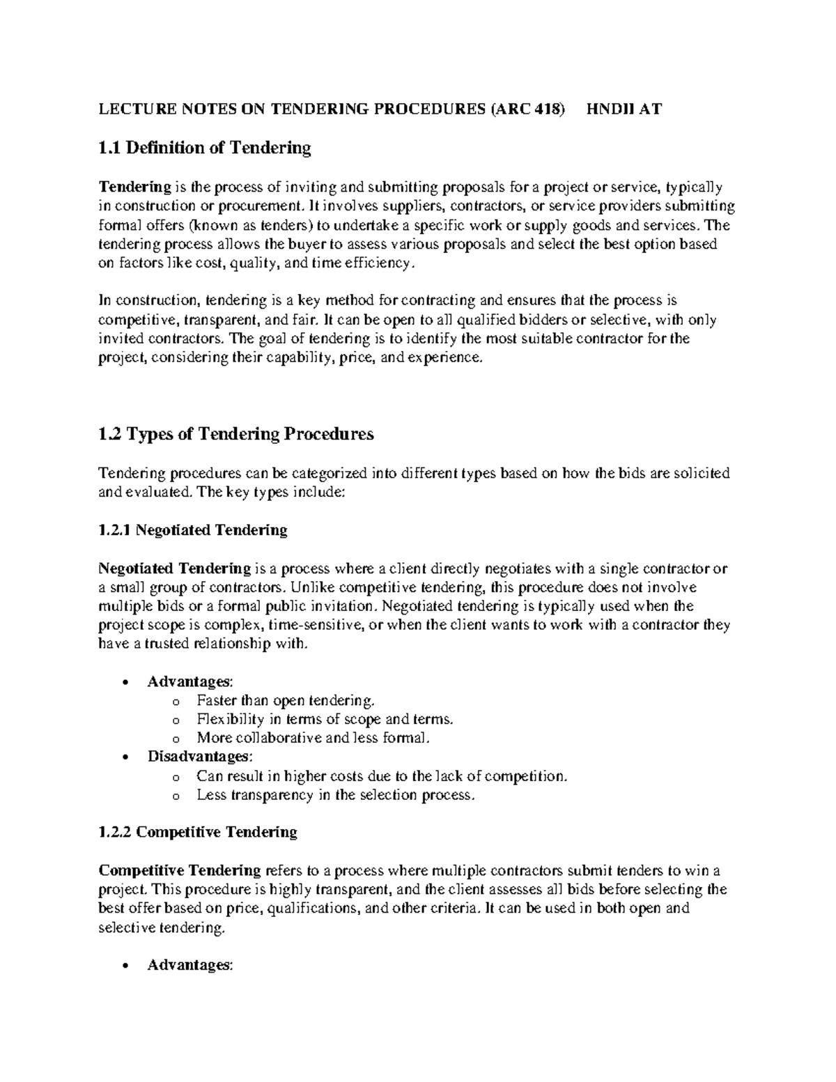 LECTURE NOTES ON TENDERING PROCEDURES (ARC 418) - Studocu