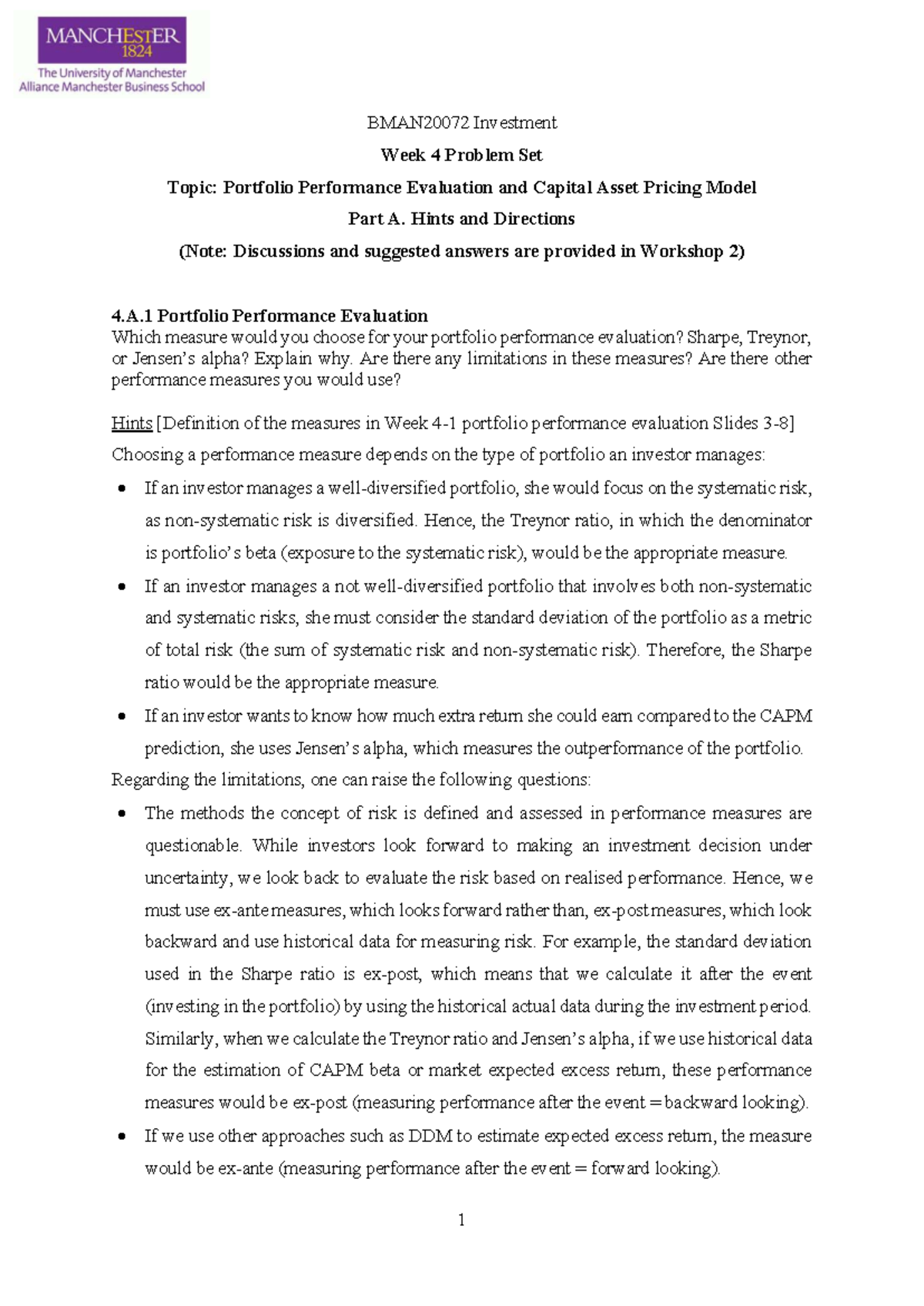 BMAN20072 Investment Week 4 Problem Set: Portfolio Evaluation & CAPM ...