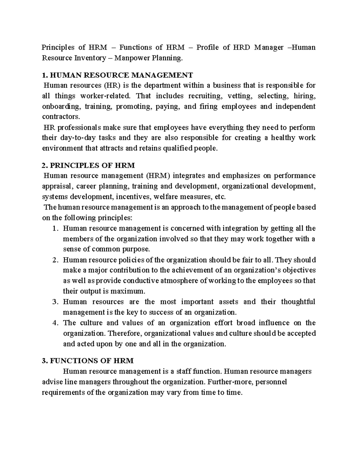 Topic 2: Principles & Functions of HRM - HRM 101 Lecture Notes - Studocu