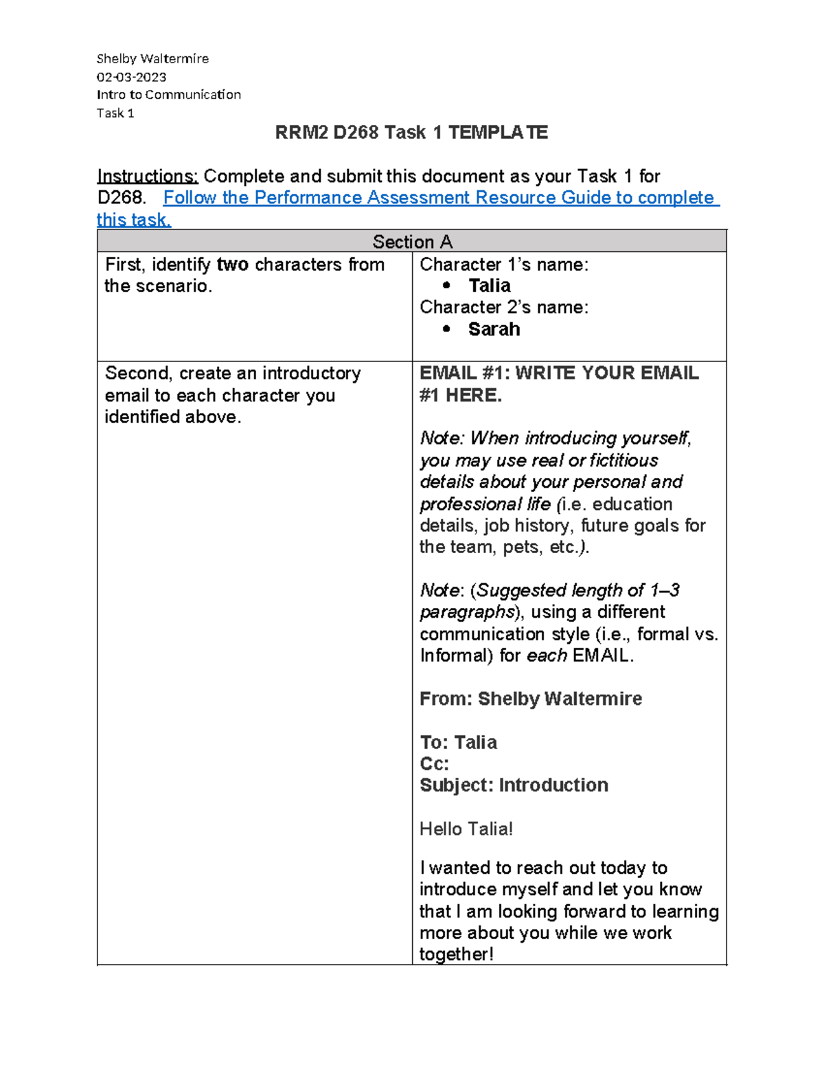 RRM2 D268 Task 1 Template: Introductory Email Guide - Studocu