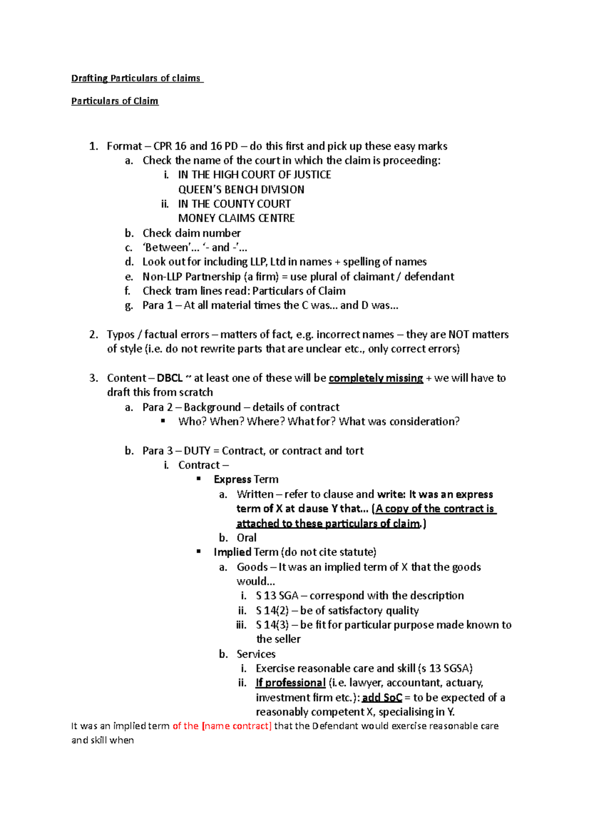Drafting Particulars of Claim: Essential Guidelines and Format - Studocu
