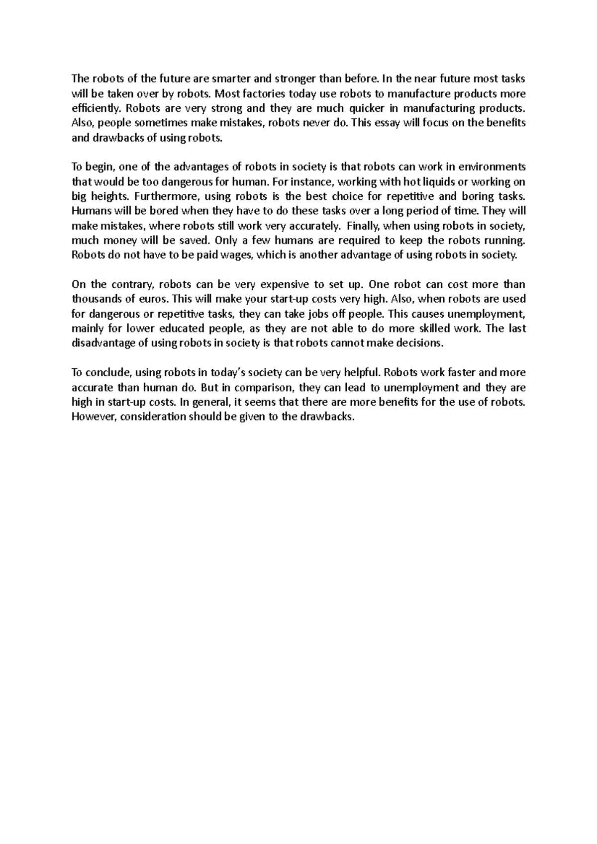 Robots Essay - Grade 7: Pros & Cons of Automation in Society - Studeersnel
