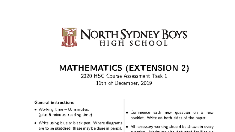 2020 Mathematics Extension 2 HSC Assessment Task 1 Solutions - Studocu