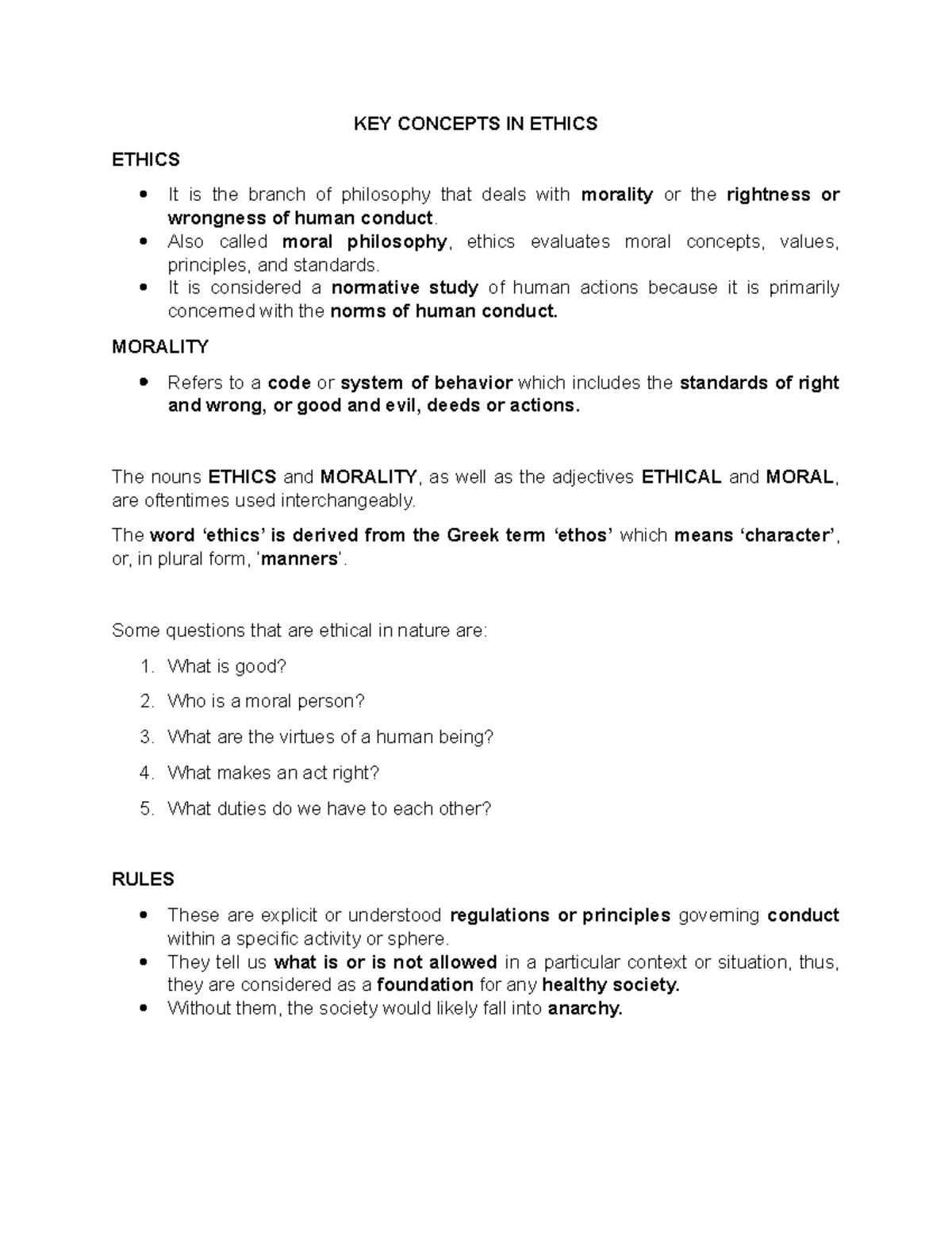 KEY Concepts in Ethics: A Comprehensive Overview for PHIL 101 - Studocu