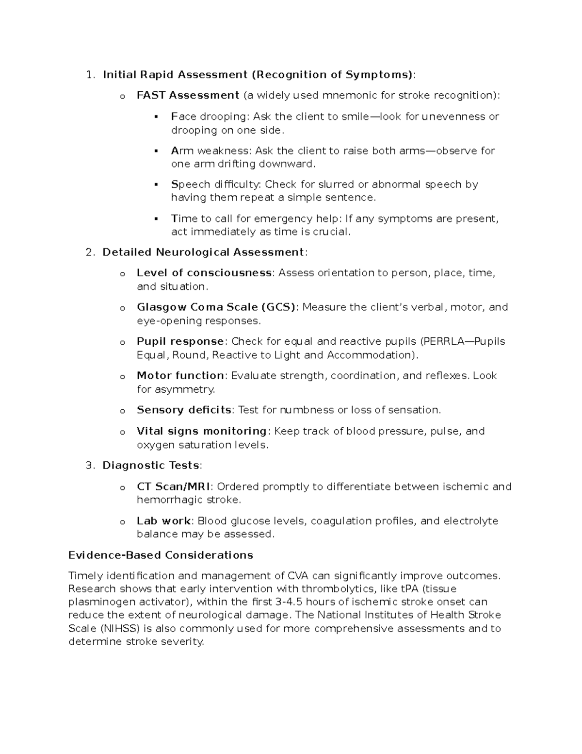 CVA Evaluation and Assessment Guide: FAST and NIHSS Techniques - Studocu