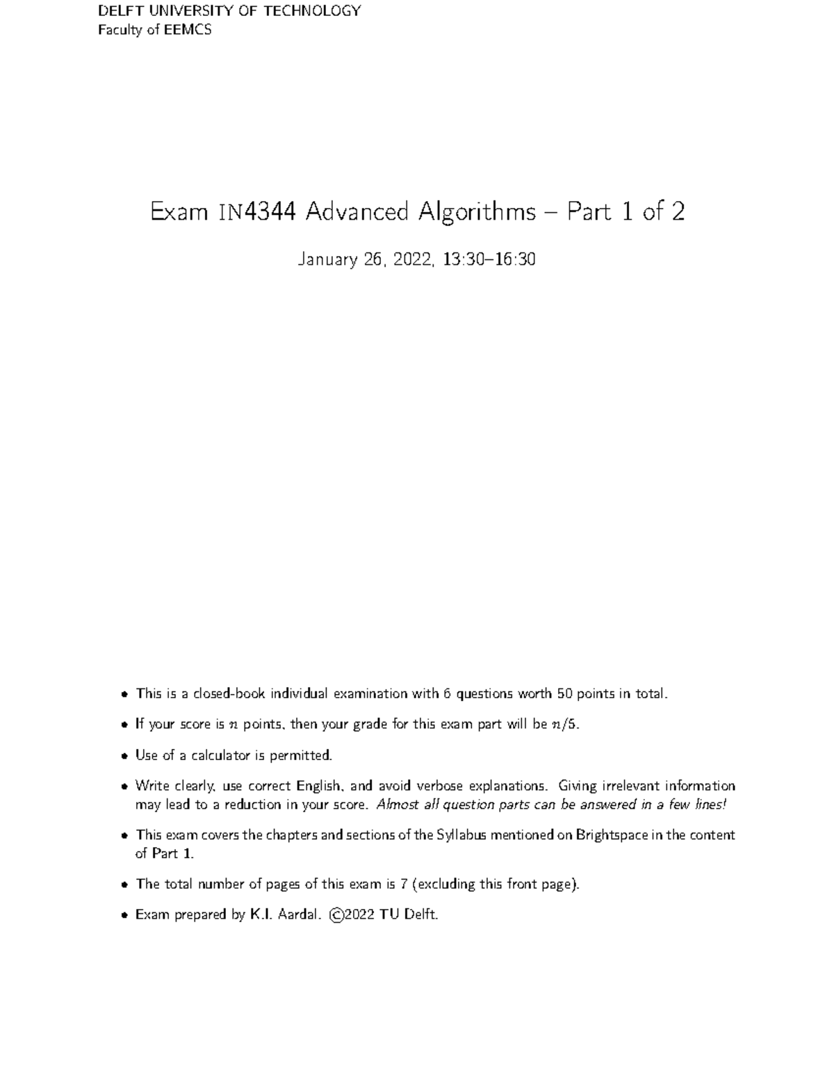 IN4344 Advanced Algorithms - Part 1 Resit Exam Solutions (2021-2022) - Studeersnel