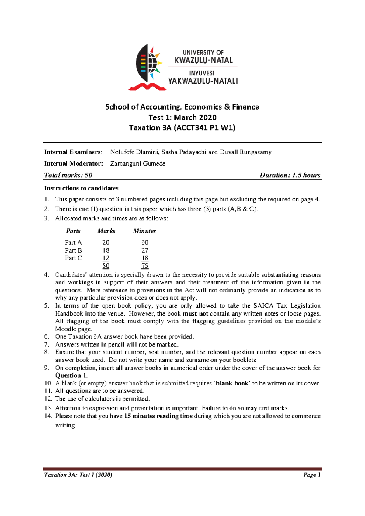 Taxation 3A (ACCT341 P1 W1) Test 1: March 2020 Exam Paper - Studocu