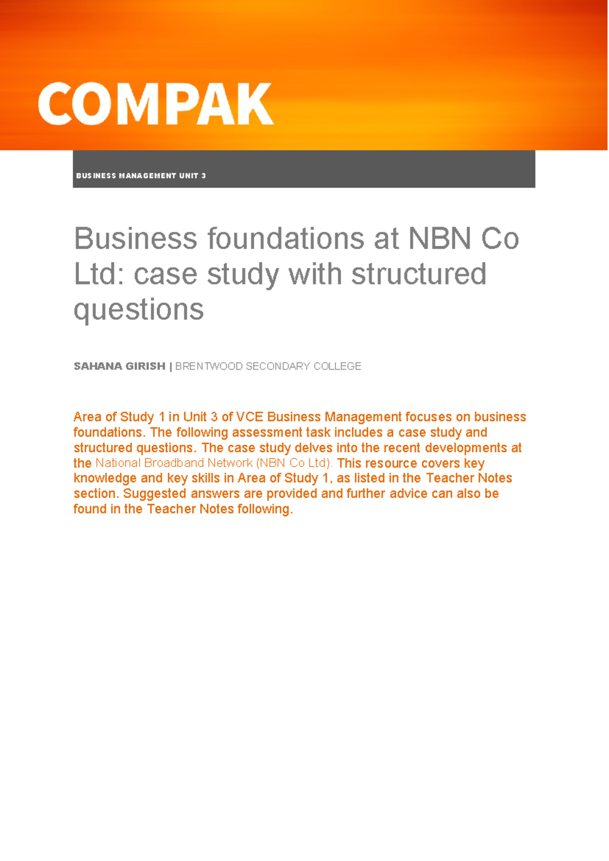 VCE Business Management Unit 3: NBN Co Ltd Case Study & Questions - Studocu