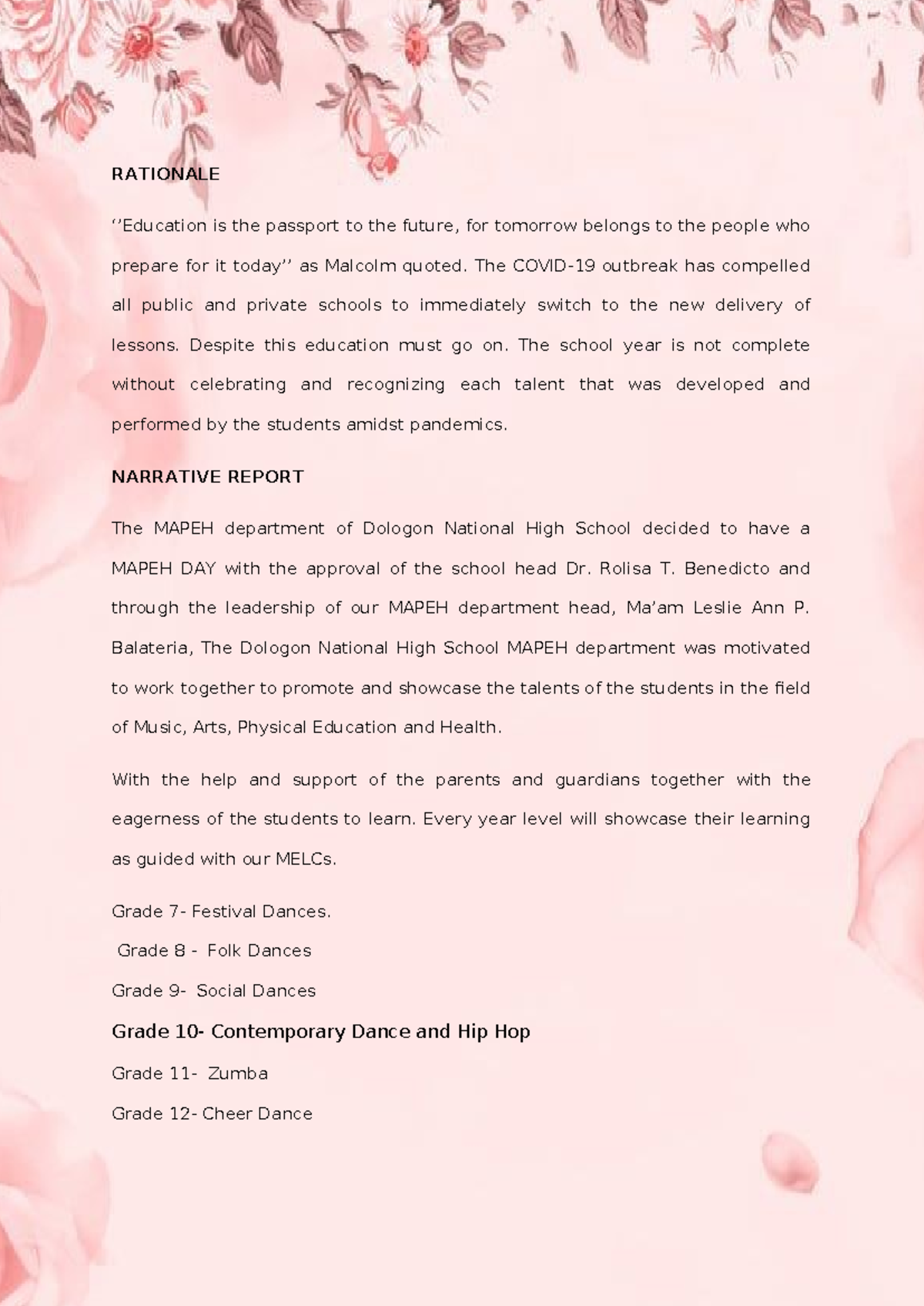 MAPEH DAY Narrative Report - Dologon National High School - Studocu