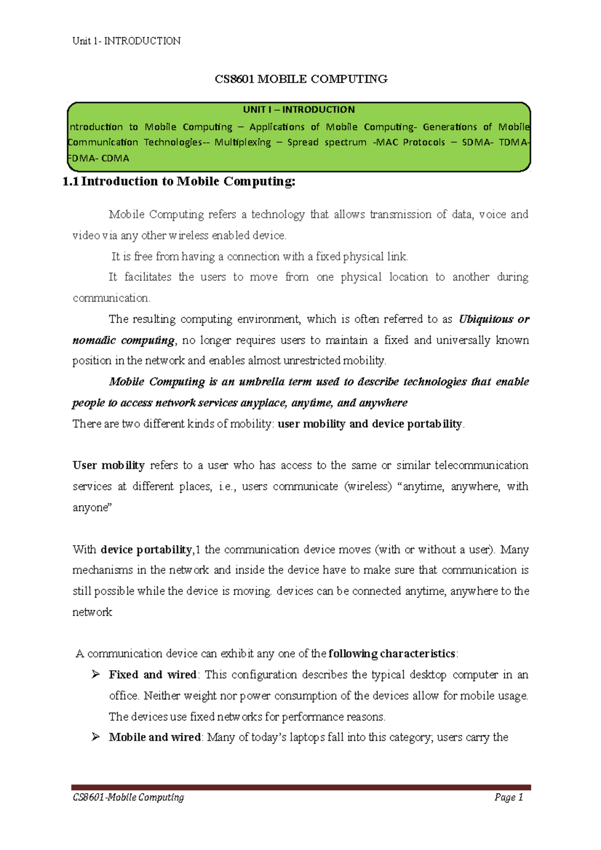 Cs8601 Mobile Computing Unit I Introduction To Mobile Computing