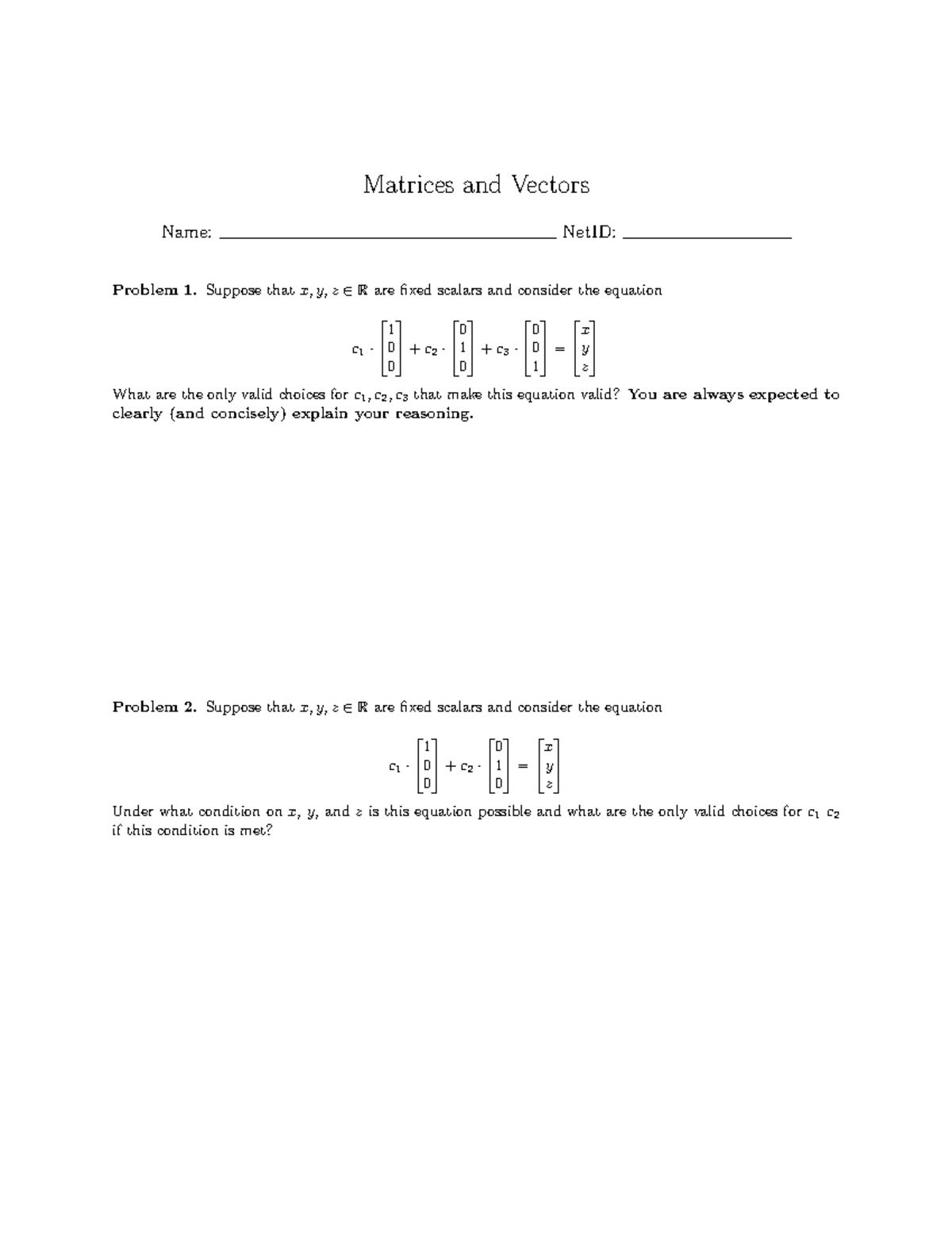 Math 218 Problem Sets: Matrices, Vectors, and Linear Systems Concepts ...