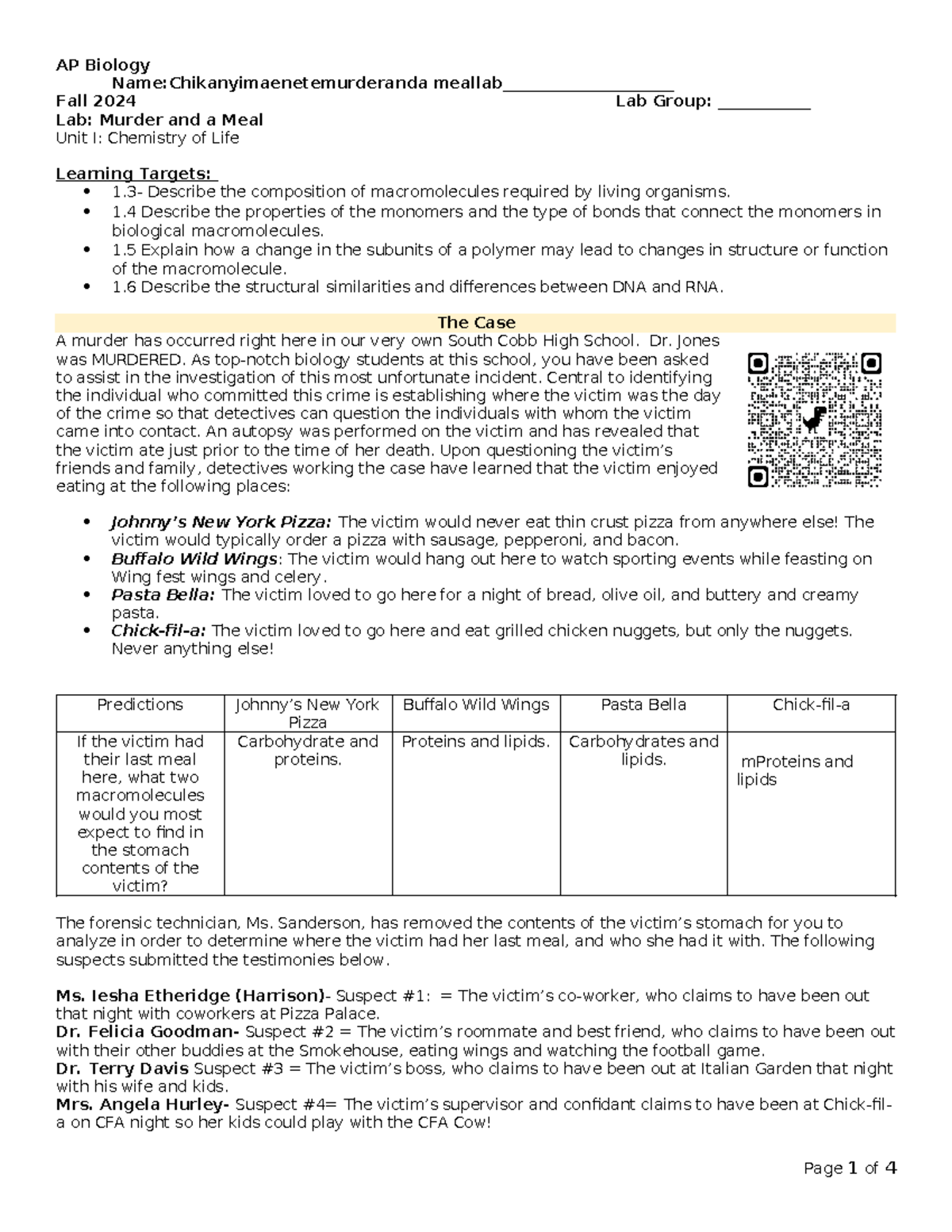 AP Biology Lab: Meal Analysis in "Murder and a Meal" Case Study - Studocu
