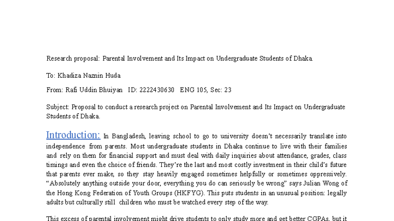 ENG 105: Research Proposal on Parental Involvement's Impact on Dhaka ...