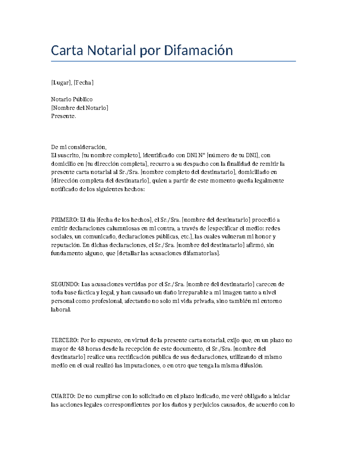 Modelo de Carta Notarial por Difamación en Perú - Ejemplo - Studocu