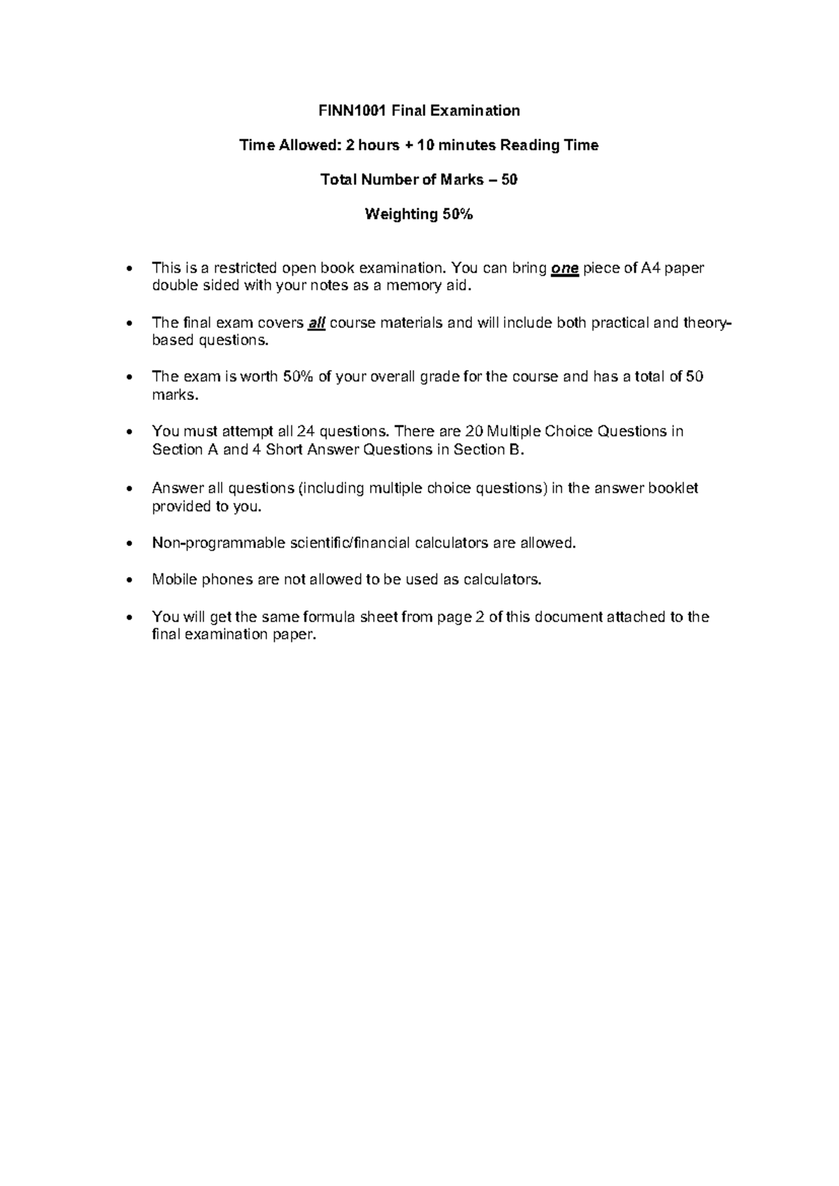 FINN1001 Final Exam: Overview of Financial Mathematics & Theory - Studocu