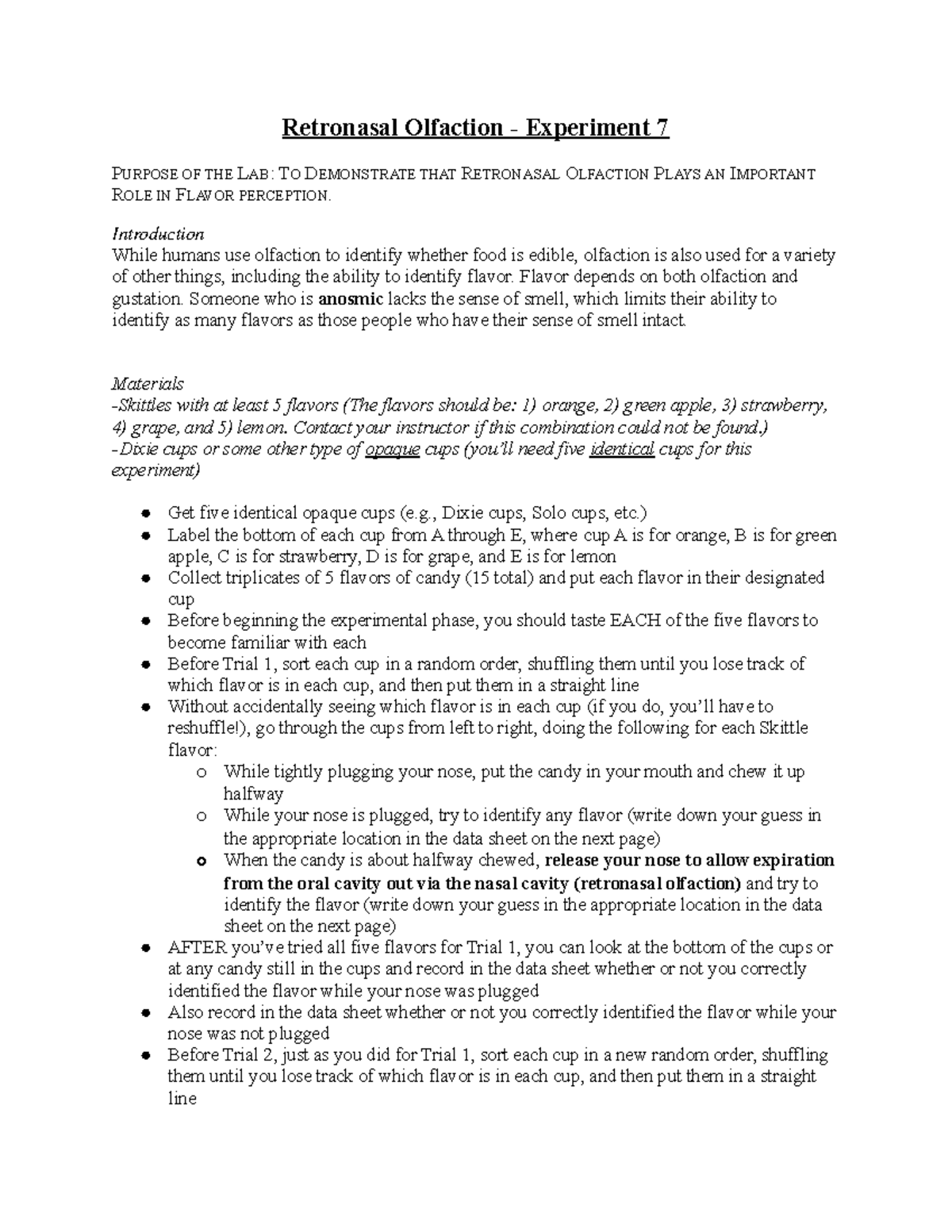 Experiment 7 - Retronasal Olfaction Lab Remote Version - Retronasal ...