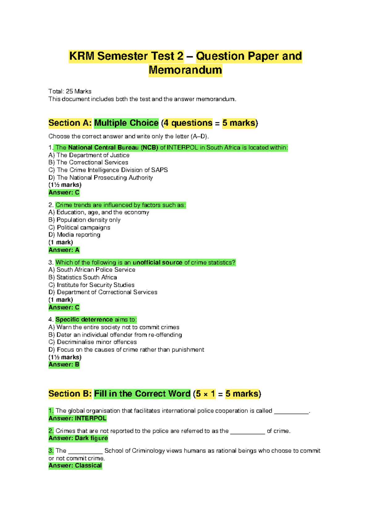 KRM Semester Test 2: Questions & Memo (Total: 25 Marks) - Studocu
