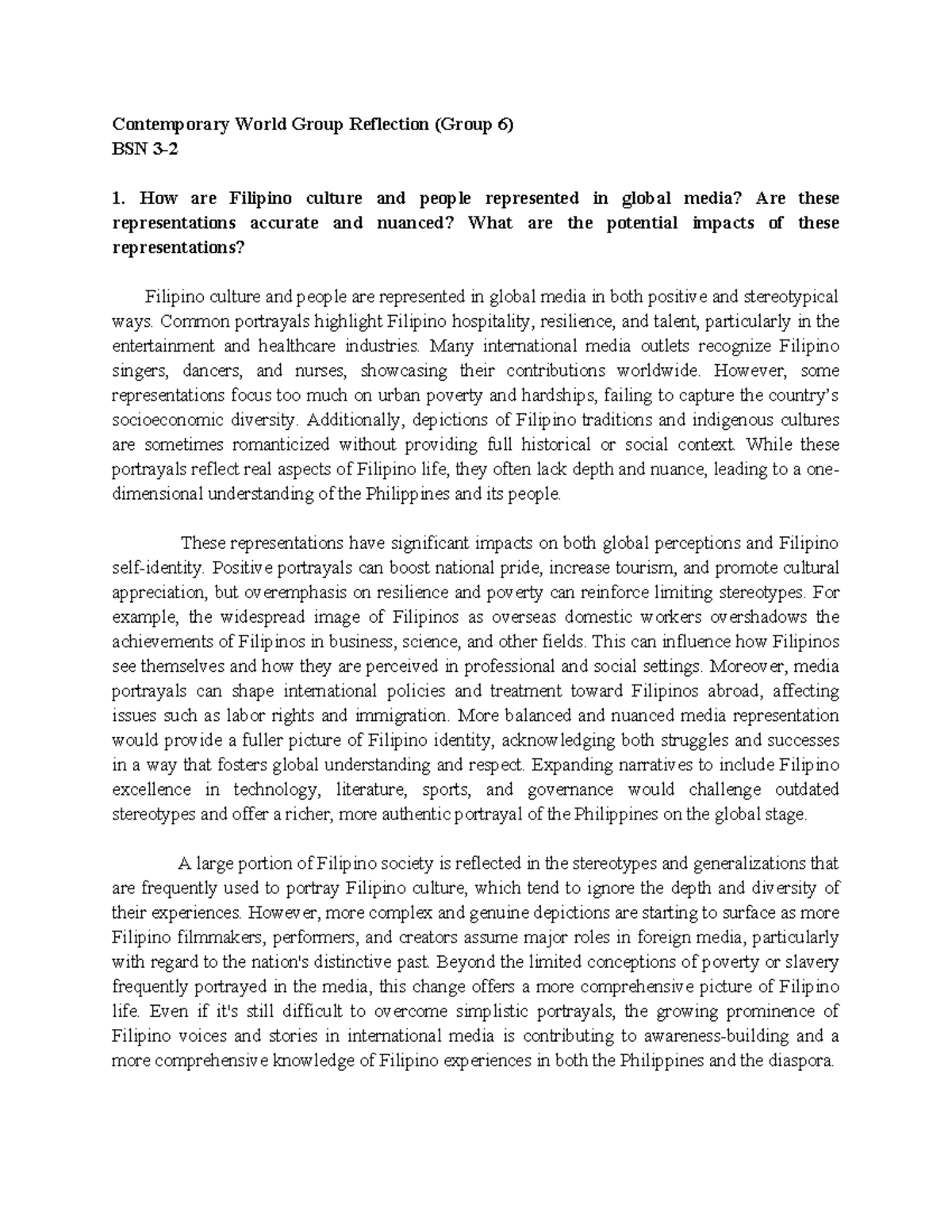 Contemporary World Reflection: Filipino Culture in Global Media BSN 1 ...